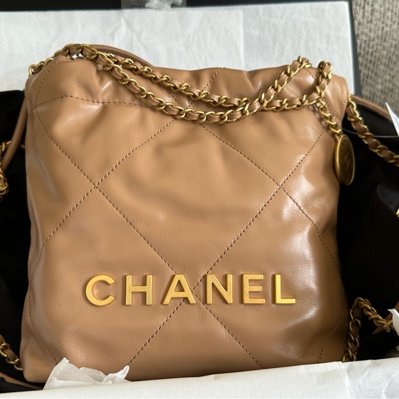 CHANEL | Bags | New Chanel 23b Beige Shiny Calfskin Quilted Mini 22 W ...